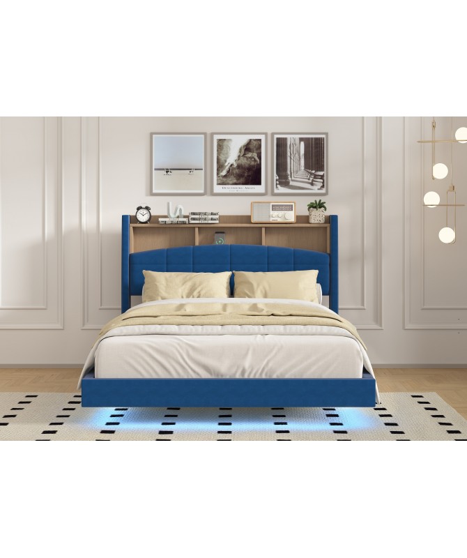 Pat MARIO Complet Tapitat Catifea, Cu Iluminare Led Integrada, Somiera ...