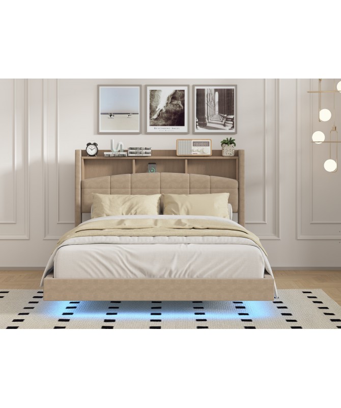 Pat MARIO Complet Tapitat Catifea, Cu Iluminare Led Integrada, Somiera ...