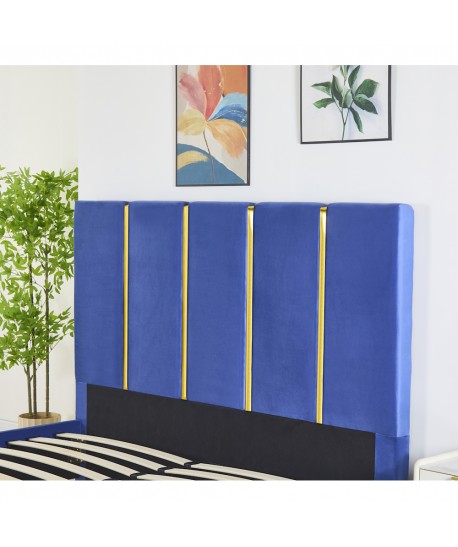 Pat Tapițat Premium Catifea 160x200 cm, Somiera Inclusa, Albastru, Fara Saltea cod LB-214