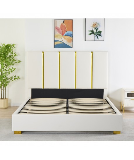 Pat Tapițat Premium Piele Sintetica 160x200 cm, Somiera Inclusa, Alb ...
