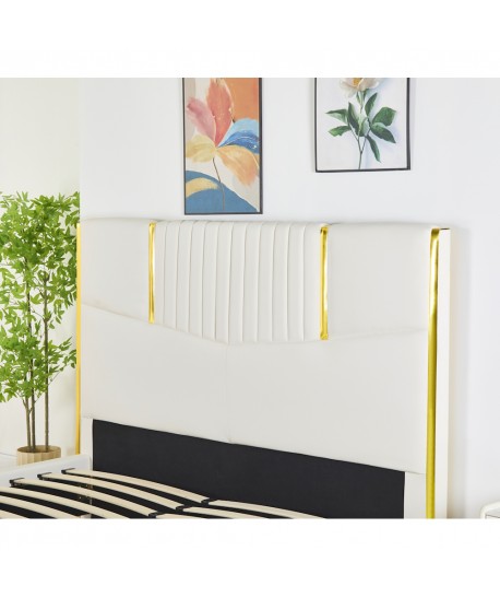 Pat Tapițat Premium Piele Sintetica 160x200 cm, Somiera Inclusa, Alb ...